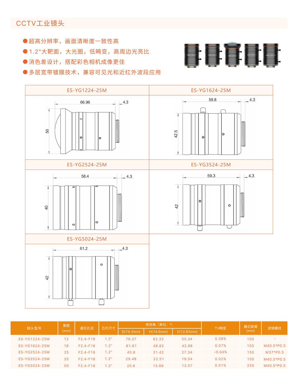 ES-YG-25M系列 定焦镜头CCTV系列-工业镜头-双翌视觉